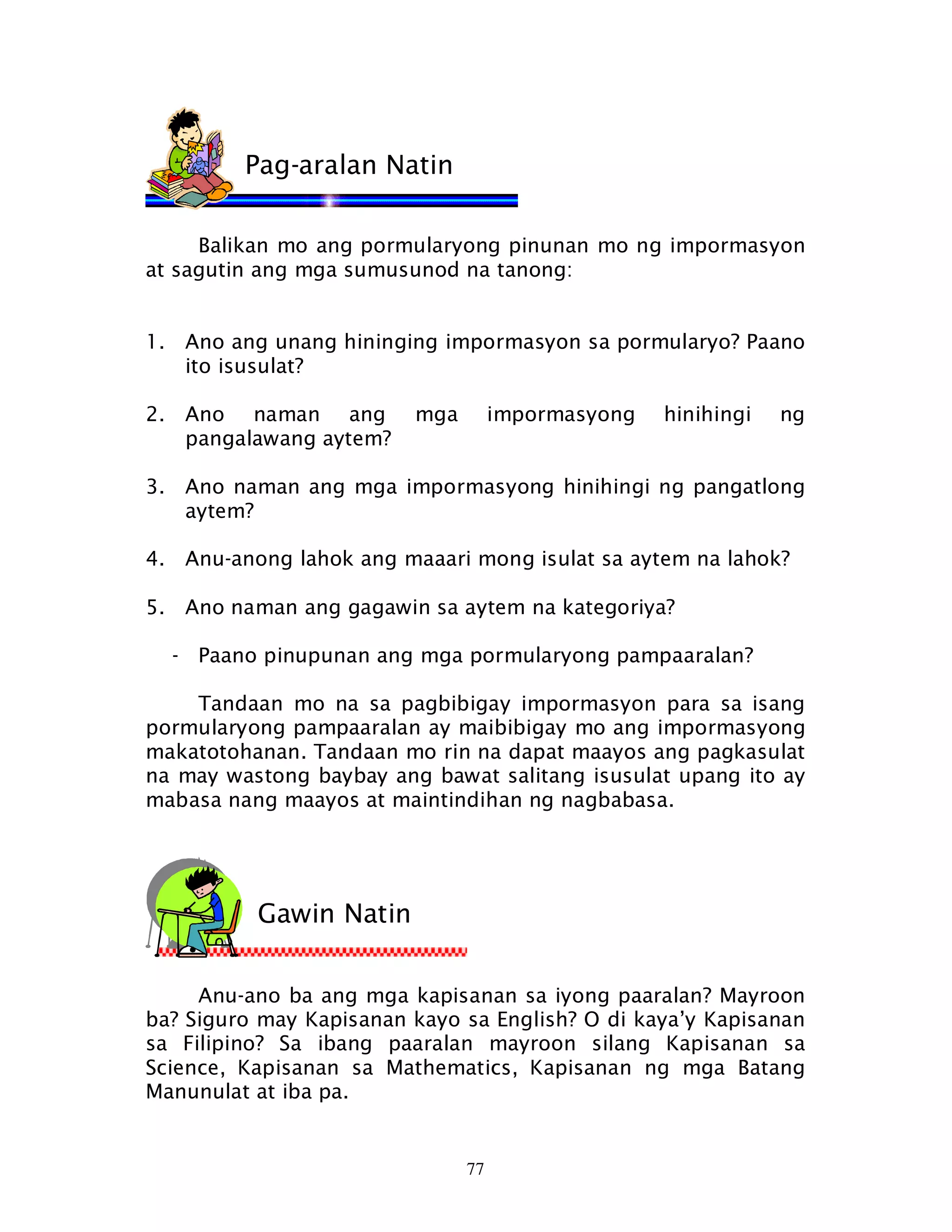 Filipino 6 dlp 7 pormularyong pampaaralan sagutin | PDF