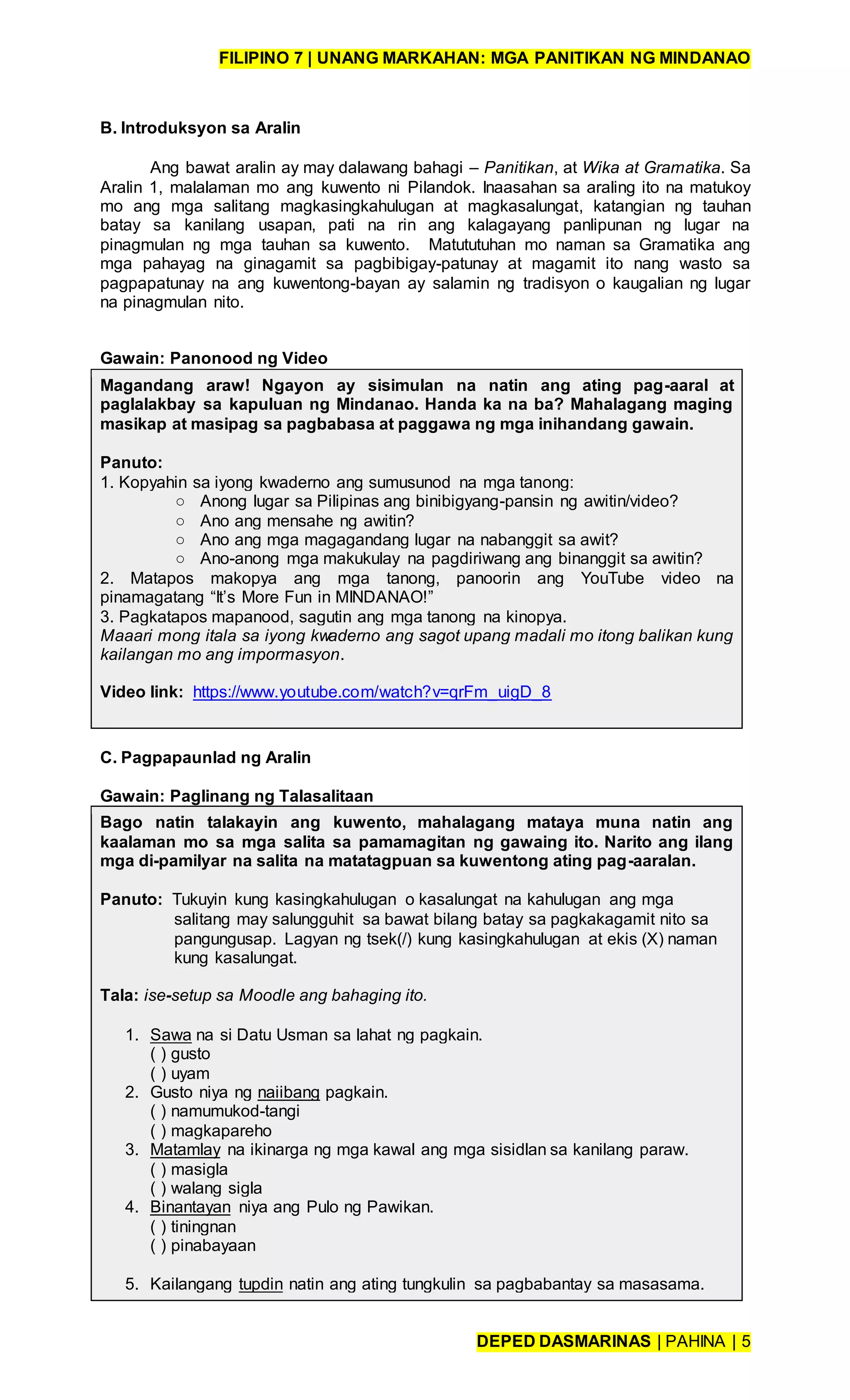 MODYUL 1 Filipino 7 aralin1 -Unang Linggo | DOCX