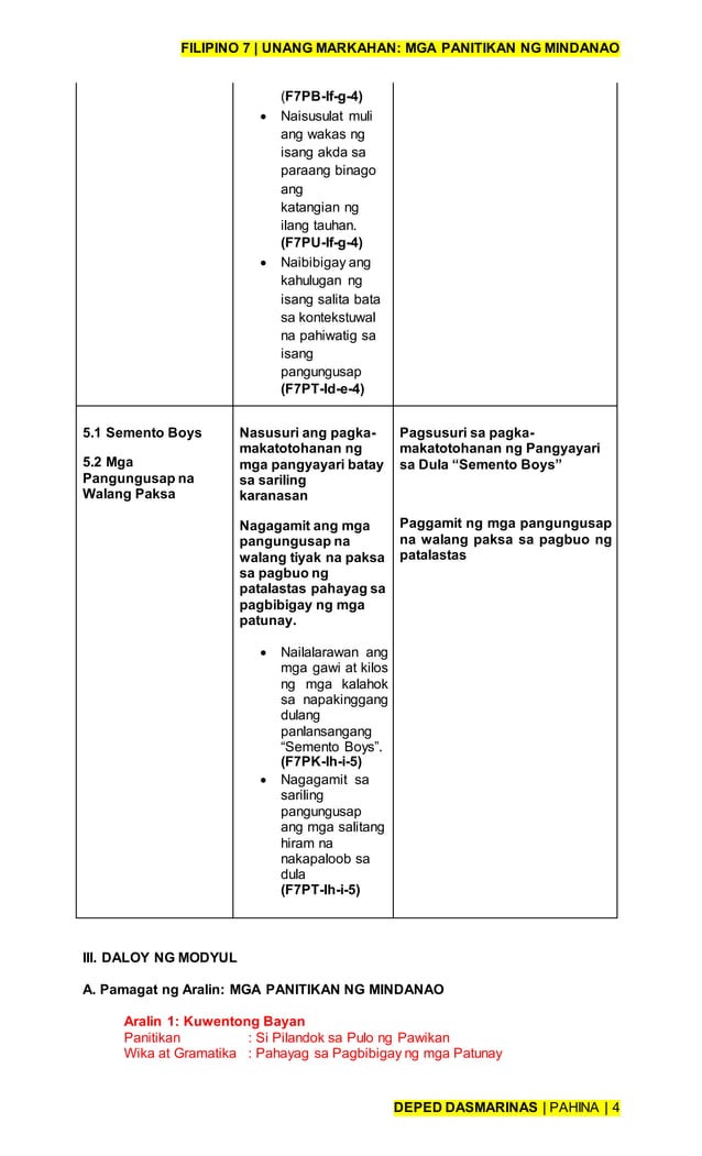 MODYUL 1 Filipino 7 aralin1 -Unang Linggo | DOCX