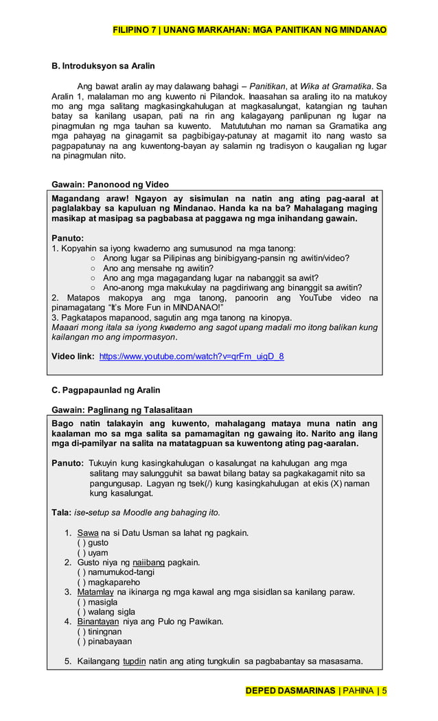 MODYUL 1 Filipino 7 aralin1 -Unang Linggo | DOCX