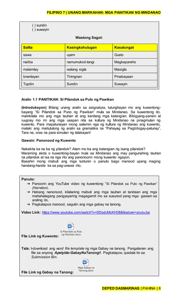 MODYUL 1 Filipino 7 aralin1 -Unang Linggo | DOCX
