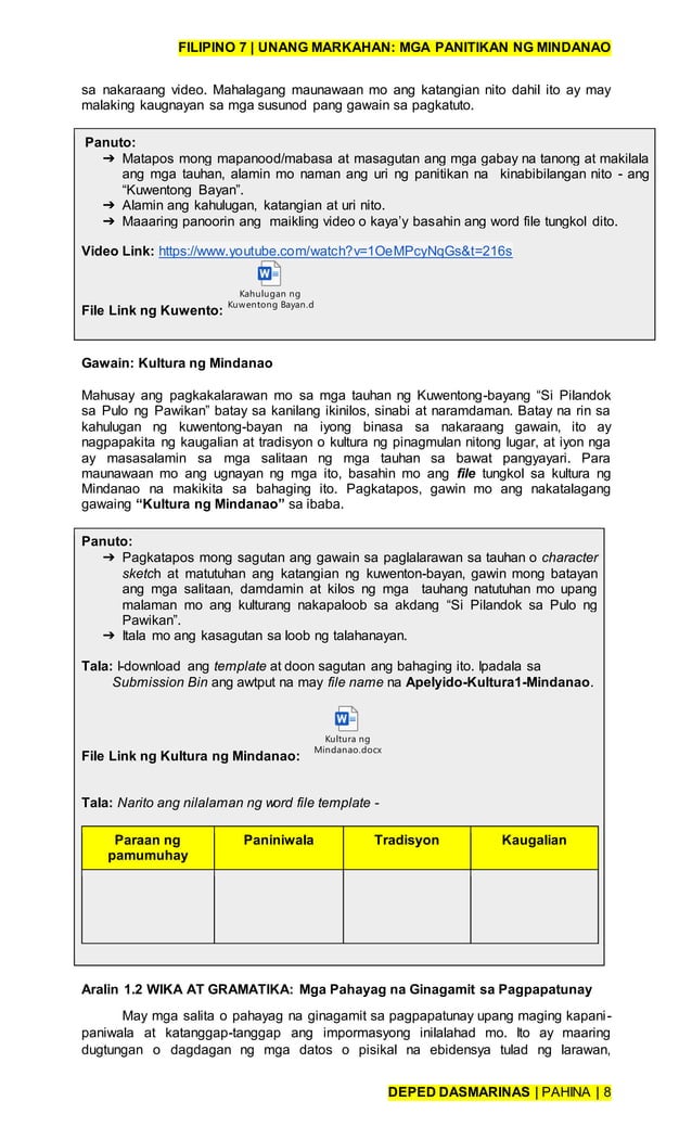 MODYUL 1 Filipino 7 aralin1 -Unang Linggo | DOCX