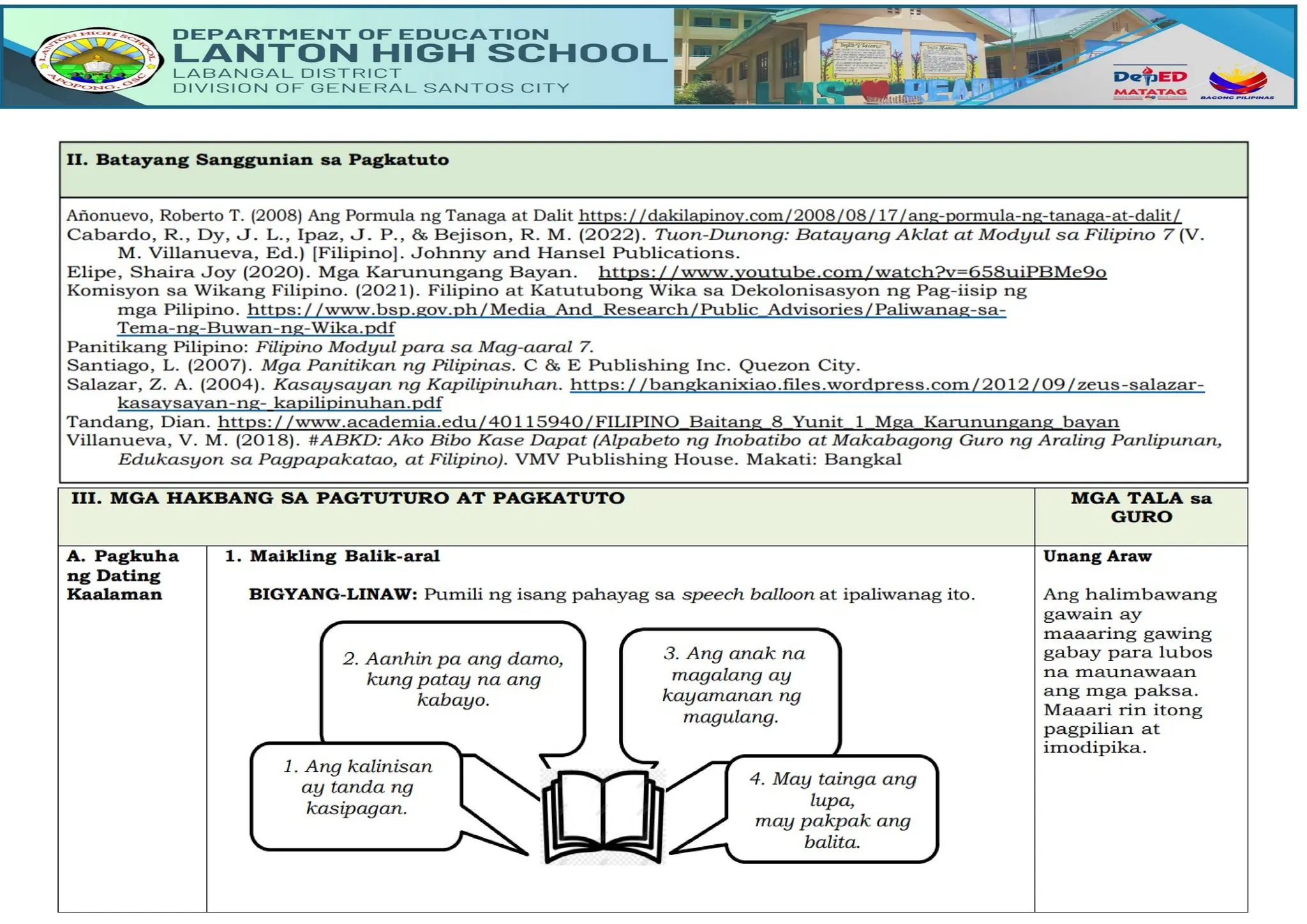 Filipino 7 DLL Matatag Curriculum Quarter 1 | DOCX