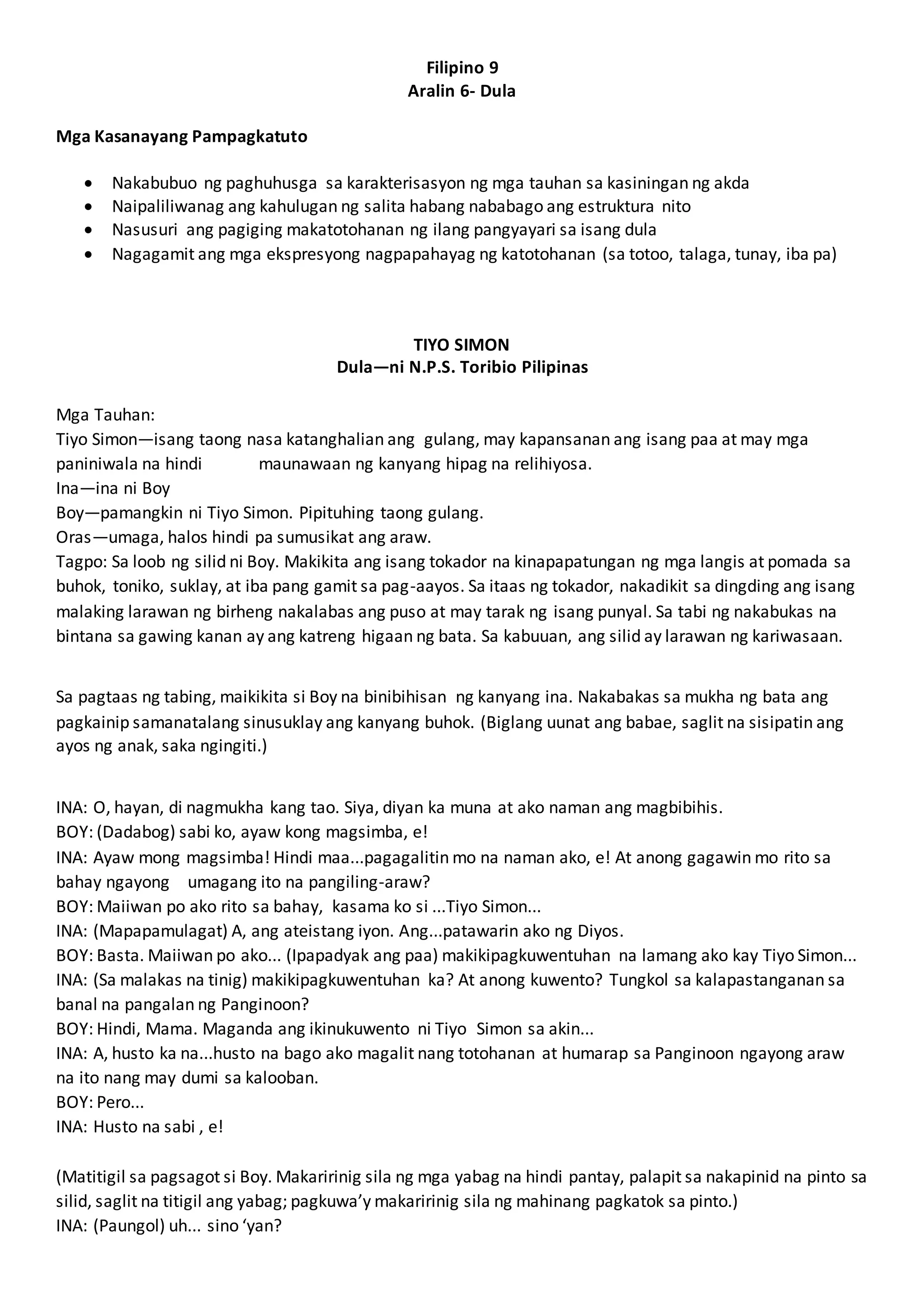 Filipino 9 aralin 6- dula | DOCX