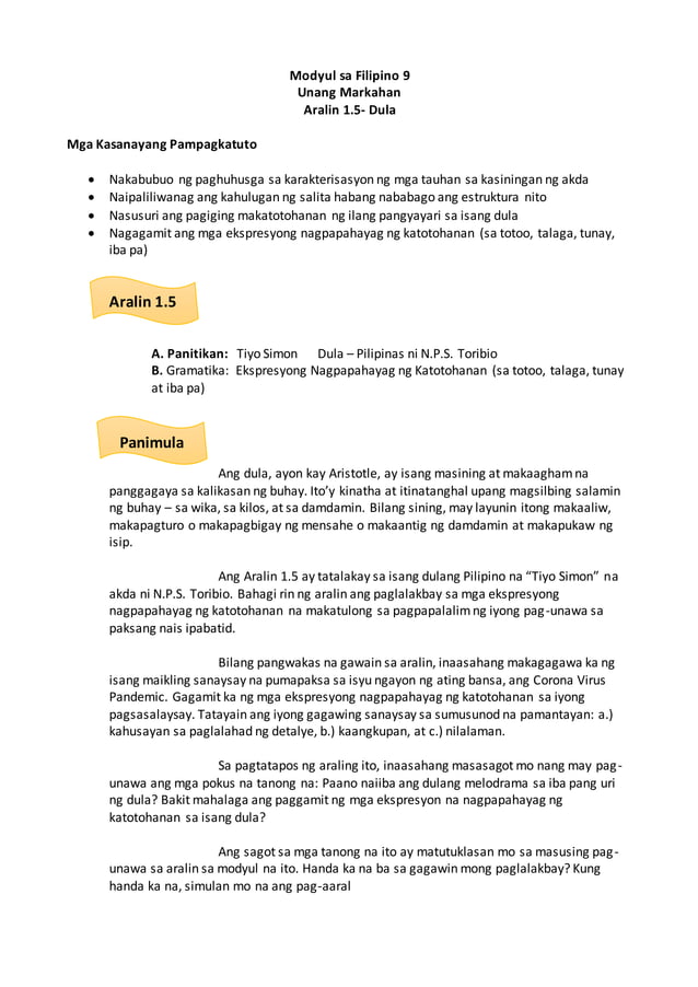 Filipino 9 modyul aralin 1.5 | DOCX