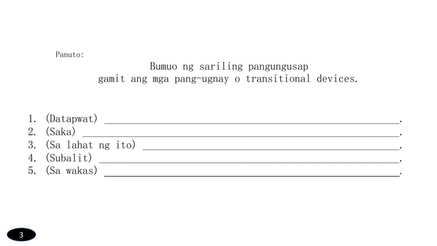 Filipino 9 paggamit ng mga pang ugnay at transitional devices | PPTX