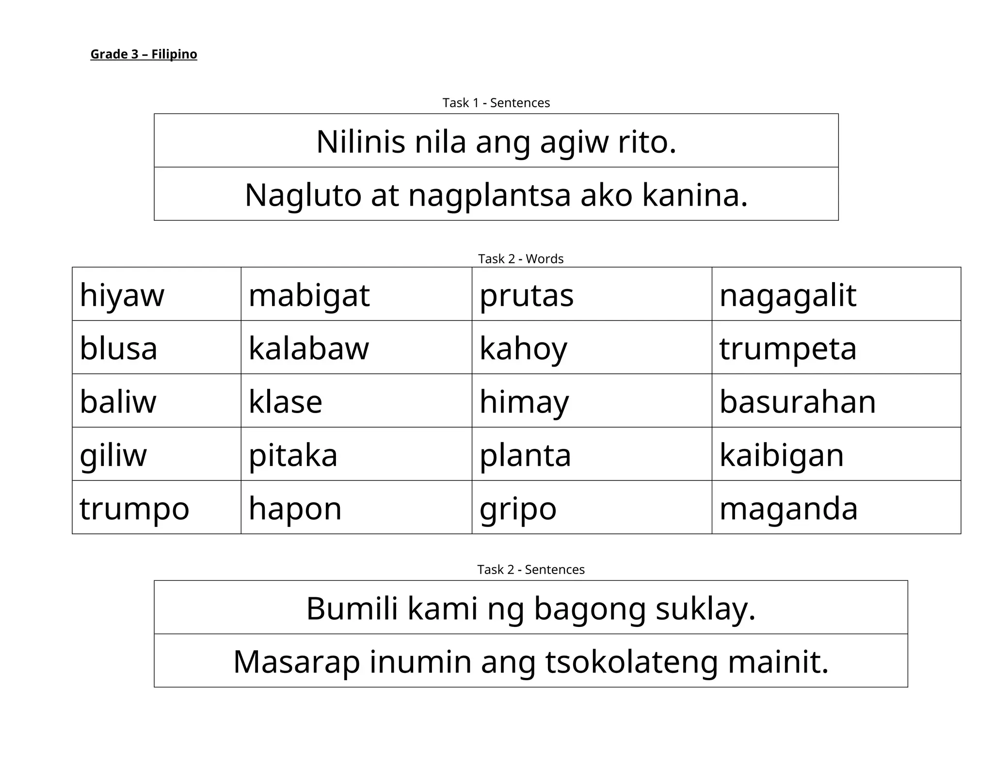 Filipino Grade three reading materials elementary | DOCX