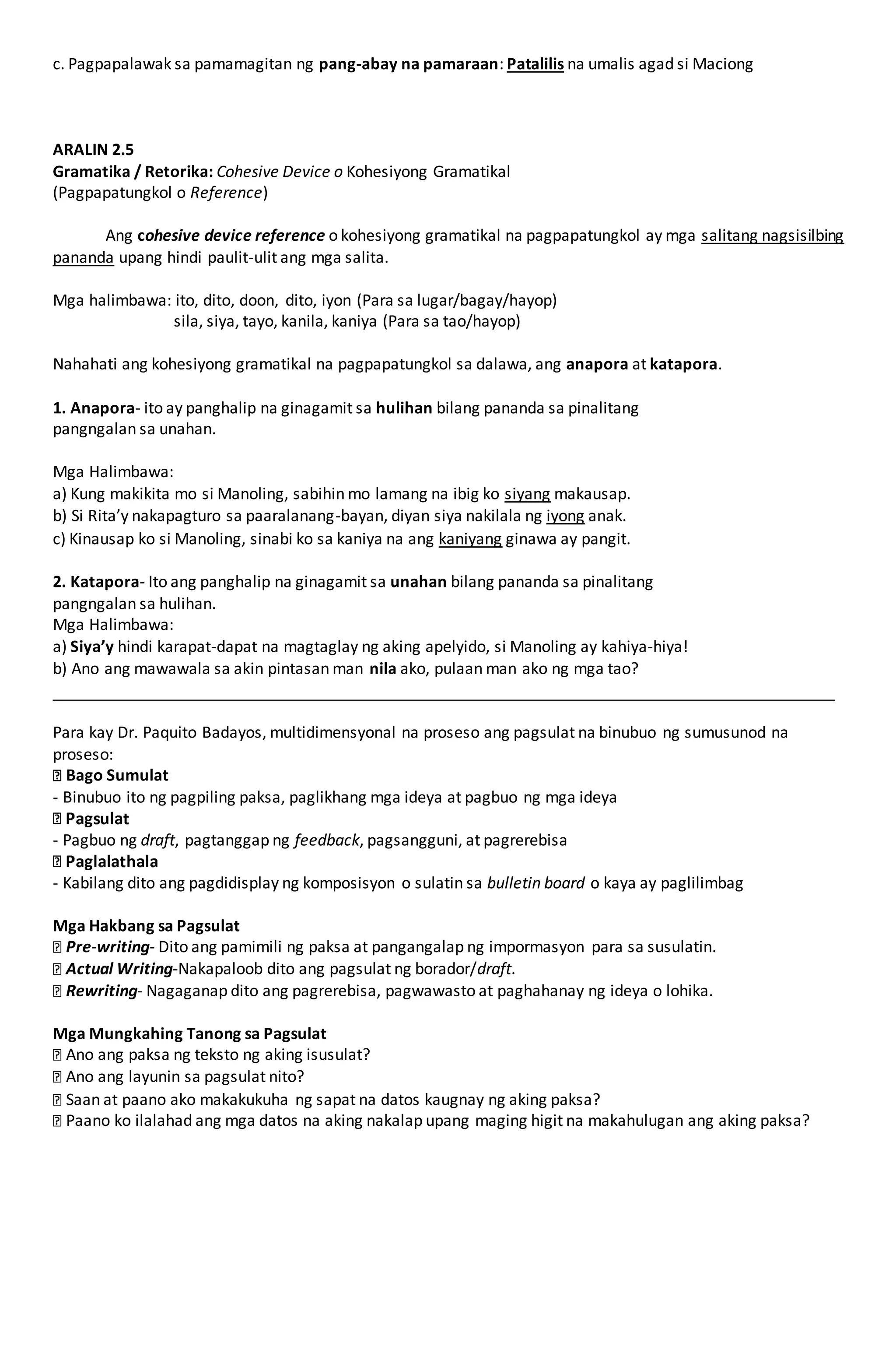 Filipino Gramatika (Module 2 Aralin 2.1-2.5) | DOCX