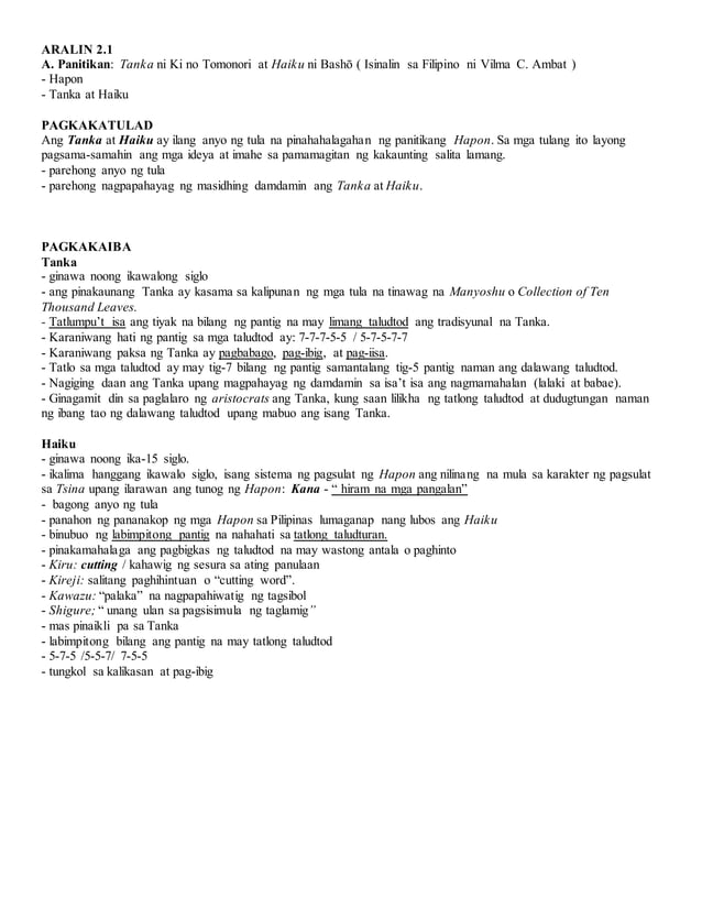 Filipino Panitikan (Module 2 Aralin 2.1-2.5) | DOCX