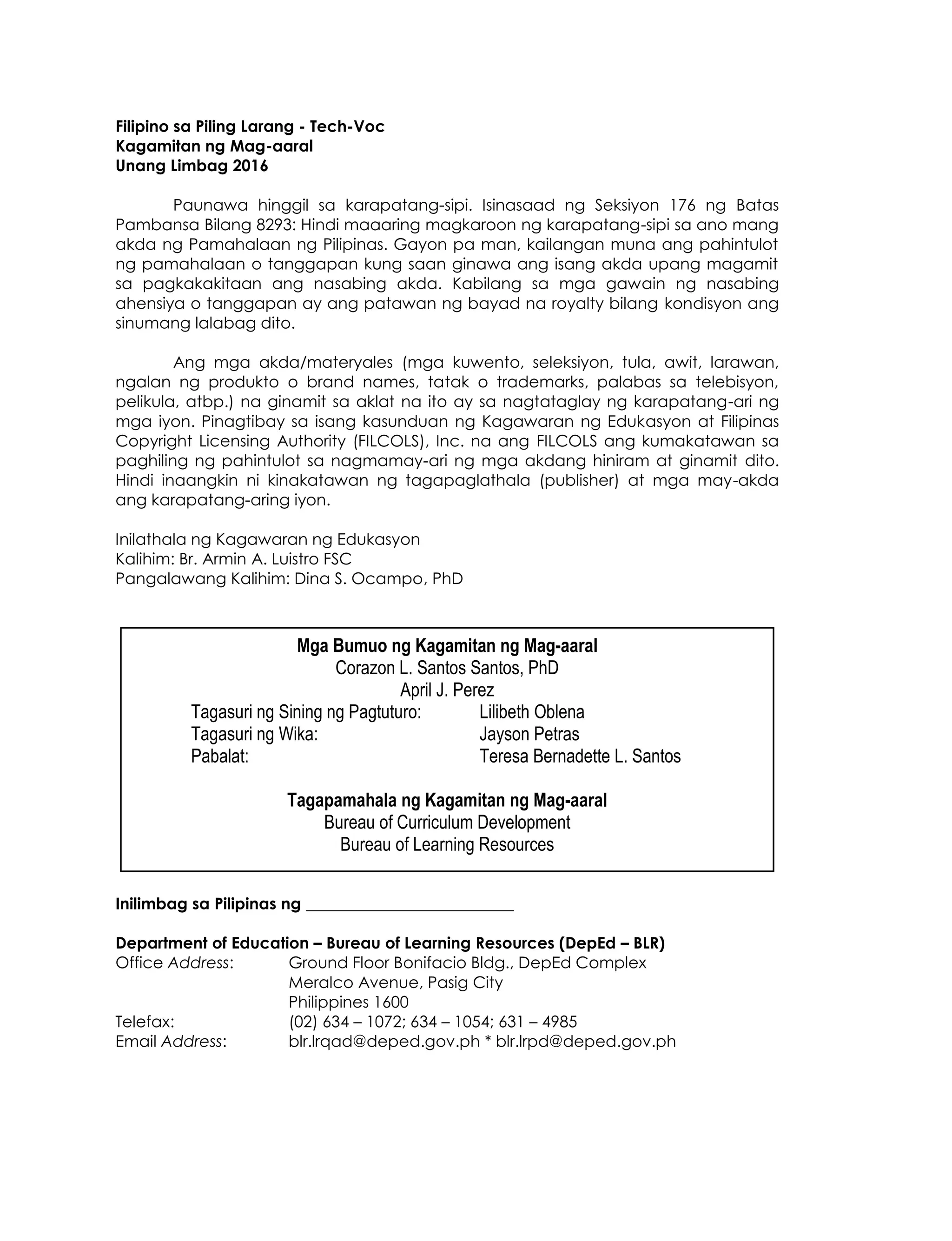 Filipino sa Piling Larang Tech-Voc (Kagamitan ng Mag-aaral) | PDF