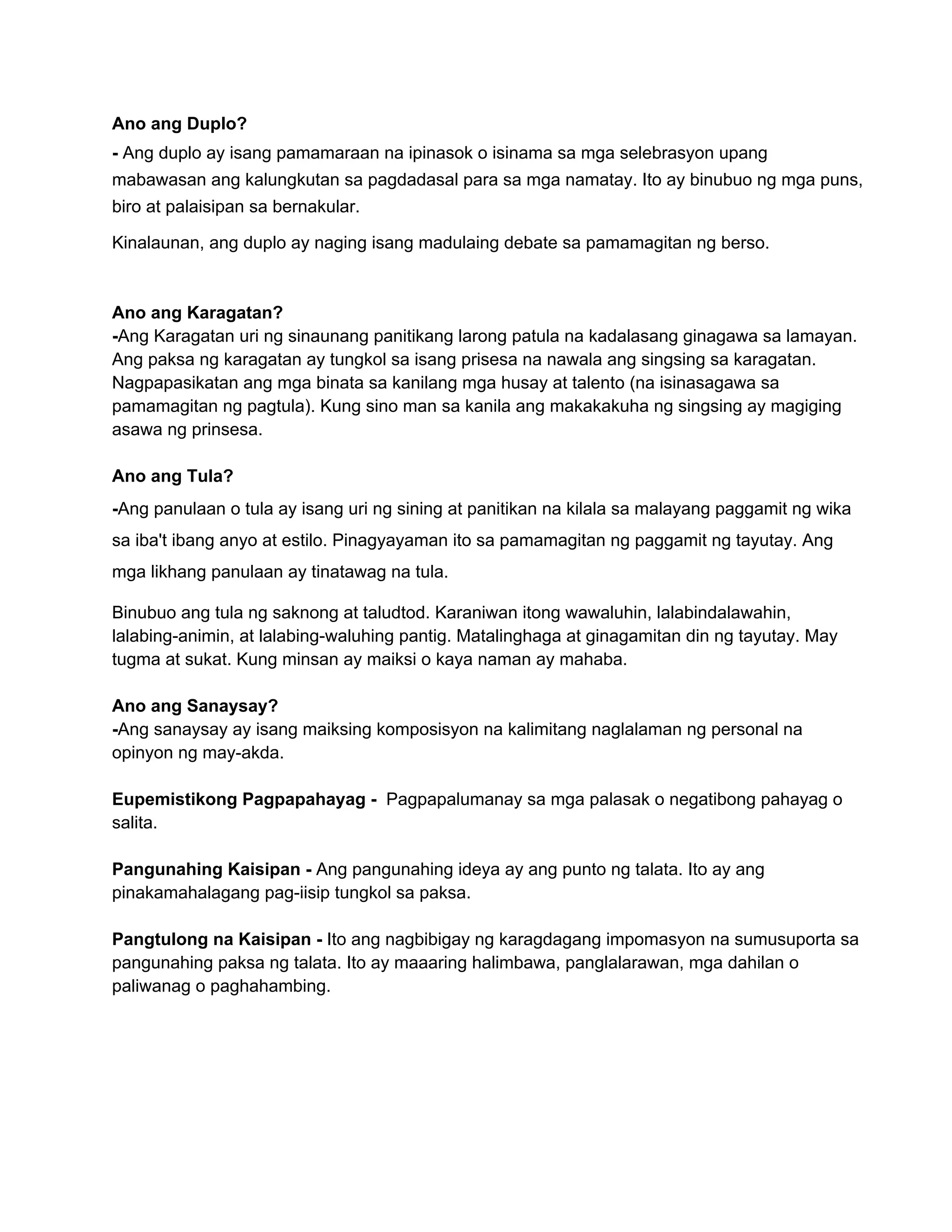 Filipino reviewer (Gr.8 - 1st Quarter) | PDF