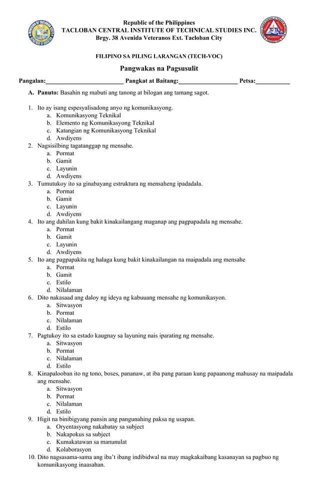 Filipino techvoc Midterms Exam Question | PDF