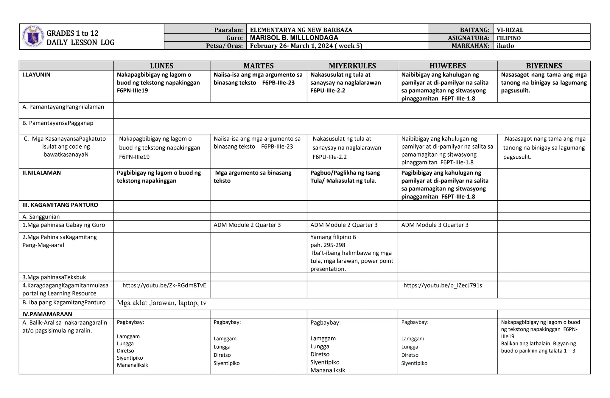 filipino week 5 dll.doc by Marisol B. Millondaga | PPT