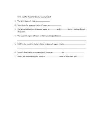 Fill in task for pupils for savana lesson grade 9 | DOC