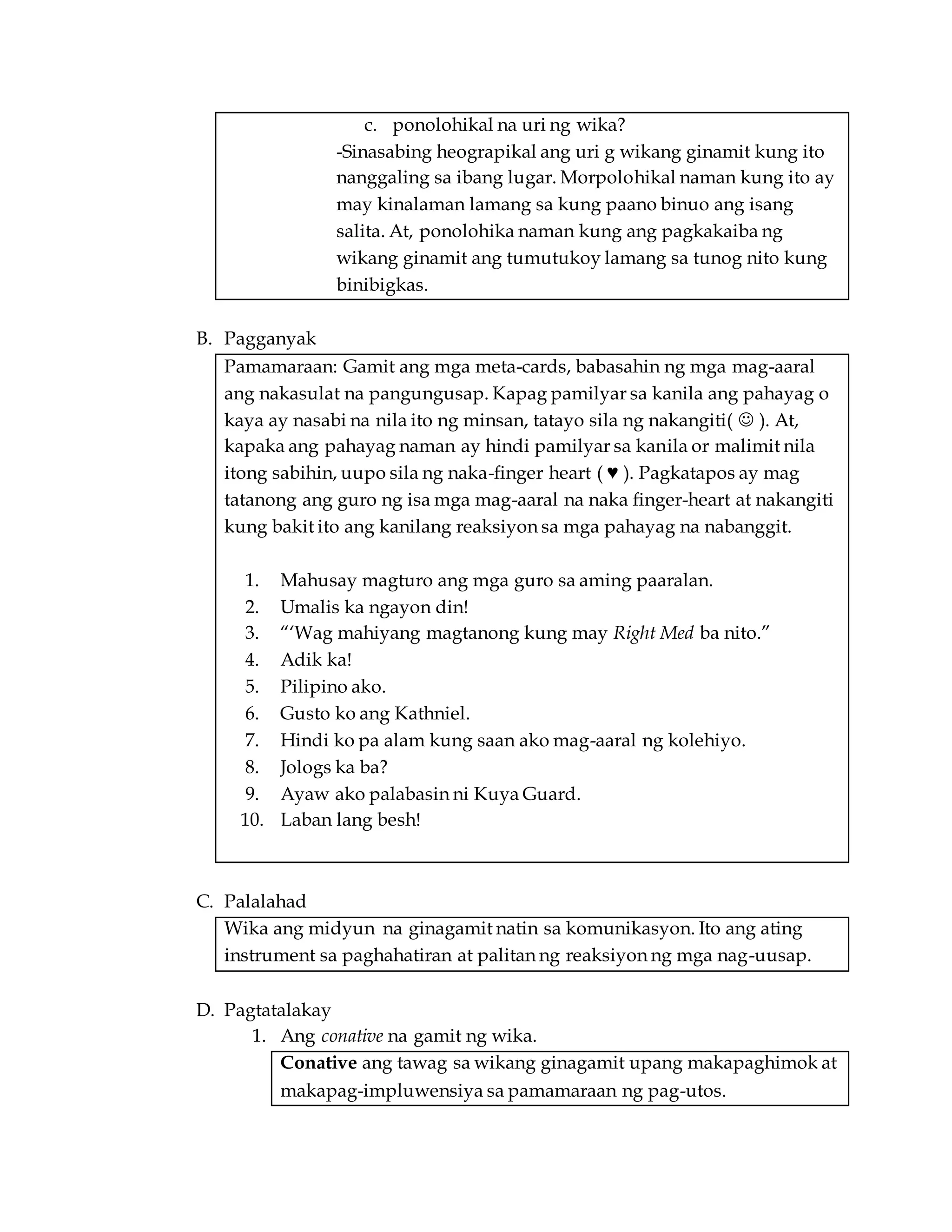 Banghay Aralain sa Filipino: Conative, informative, at labeling na ...