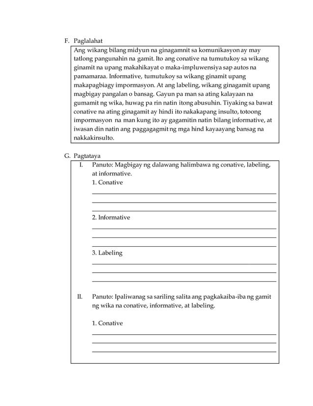 Banghay Aralain sa Filipino: Conative, informative, at labeling na ...