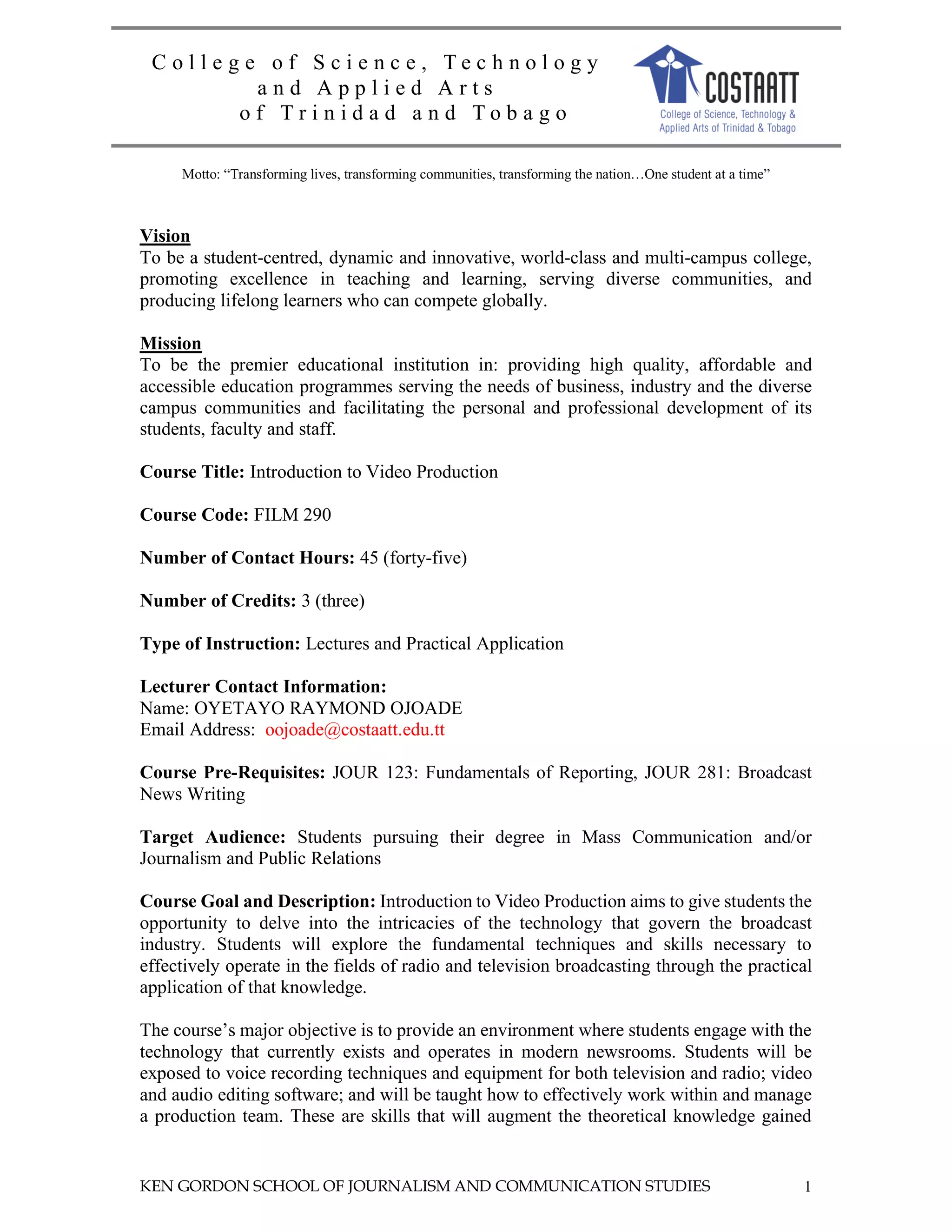 Film 290 intro to video production outline | PDF | Audio Production ...