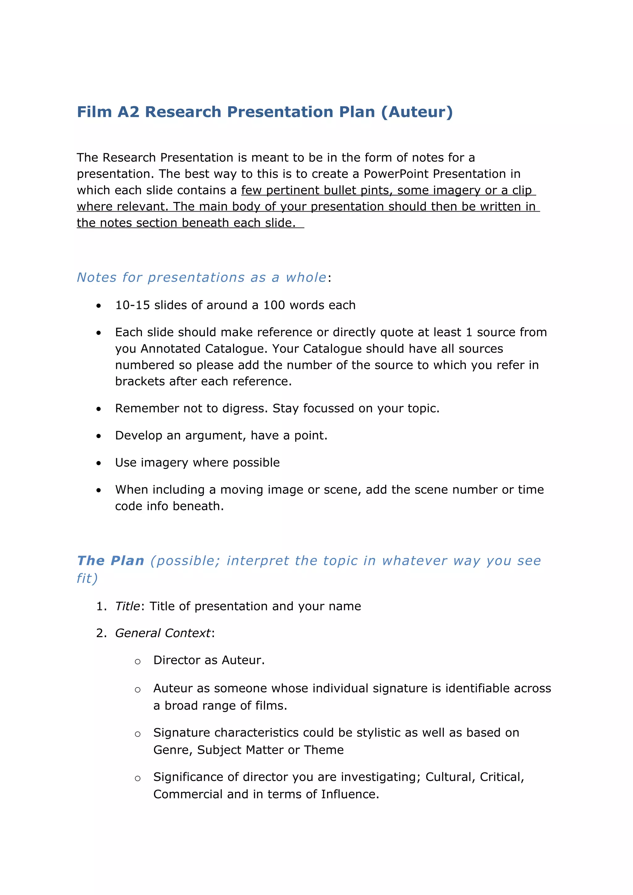 Film a2 research presentation plan | DOC