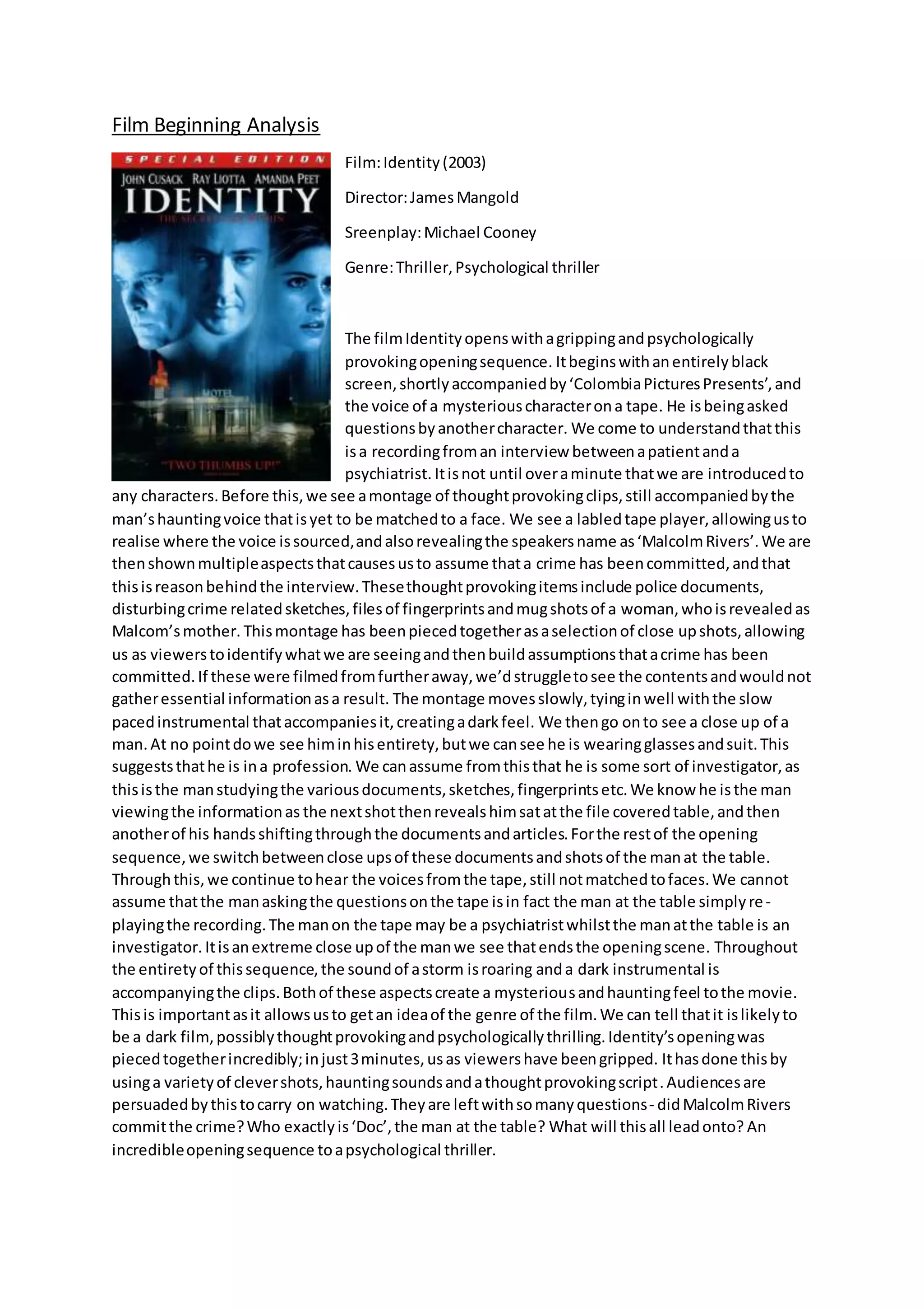 Film beginning analysis identity | DOCX