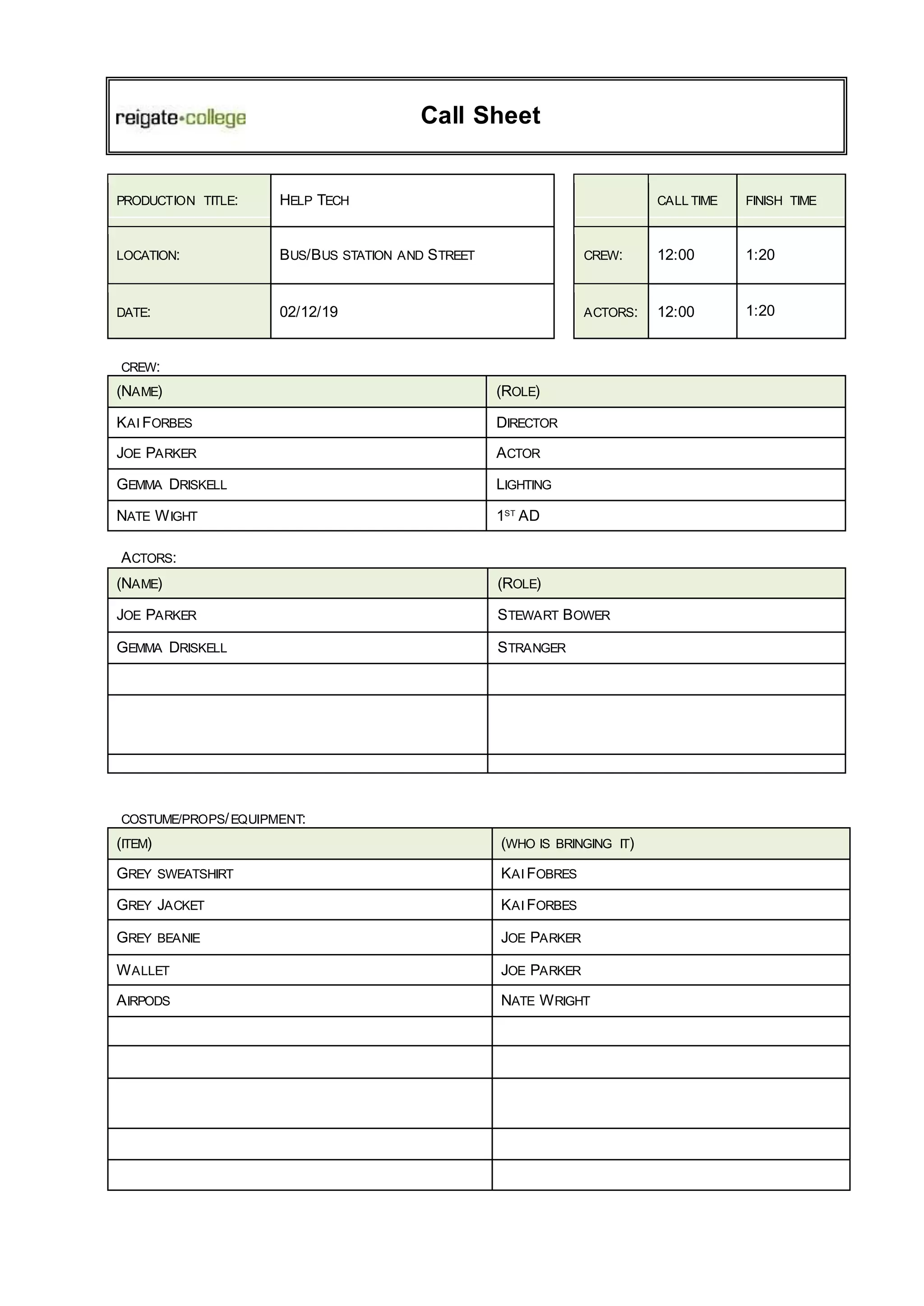 Film call sheet film 2 | DOCX