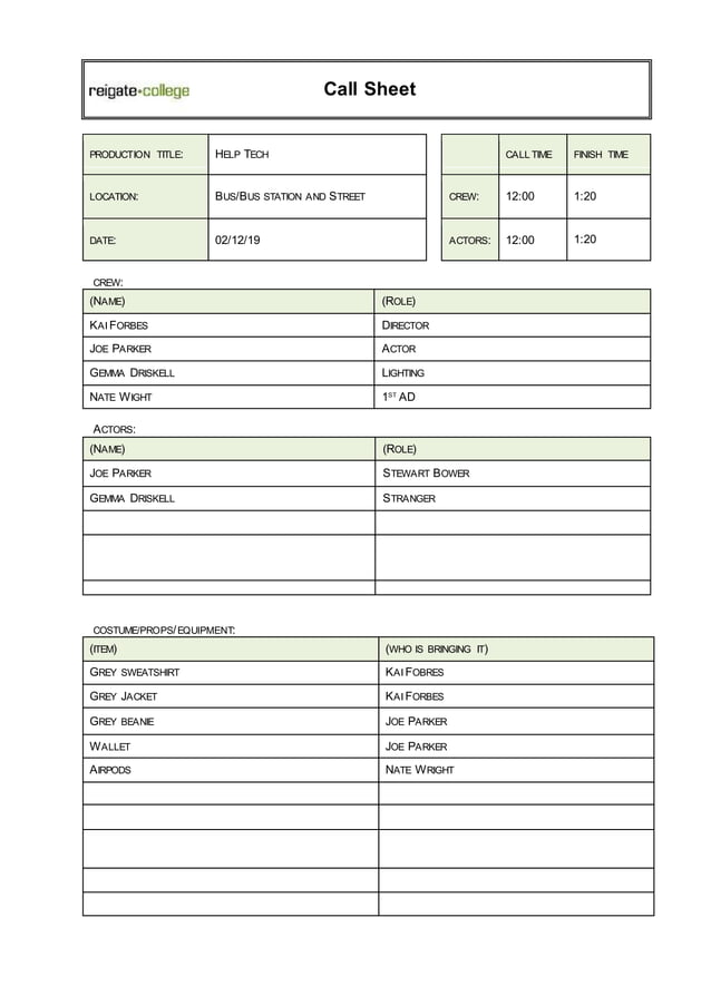 Film call sheet film 2 | DOCX