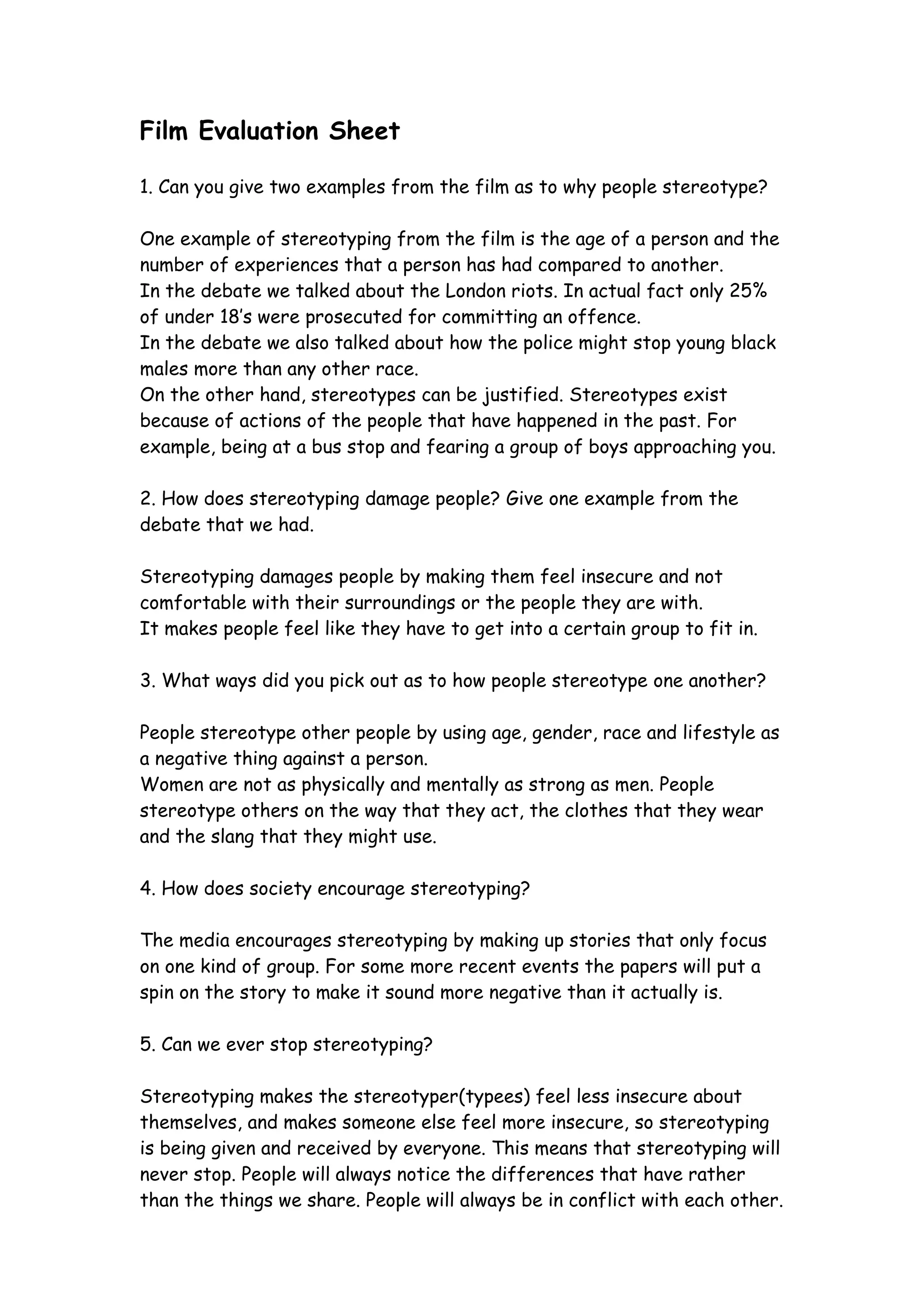 Film evaluation sheet shane williams | PDF