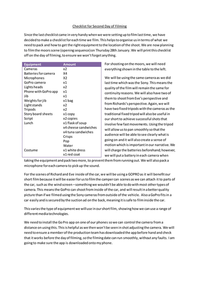 Filming Checklist - Day 2 | DOCX | Cameras and Camcorders | Consumer ...