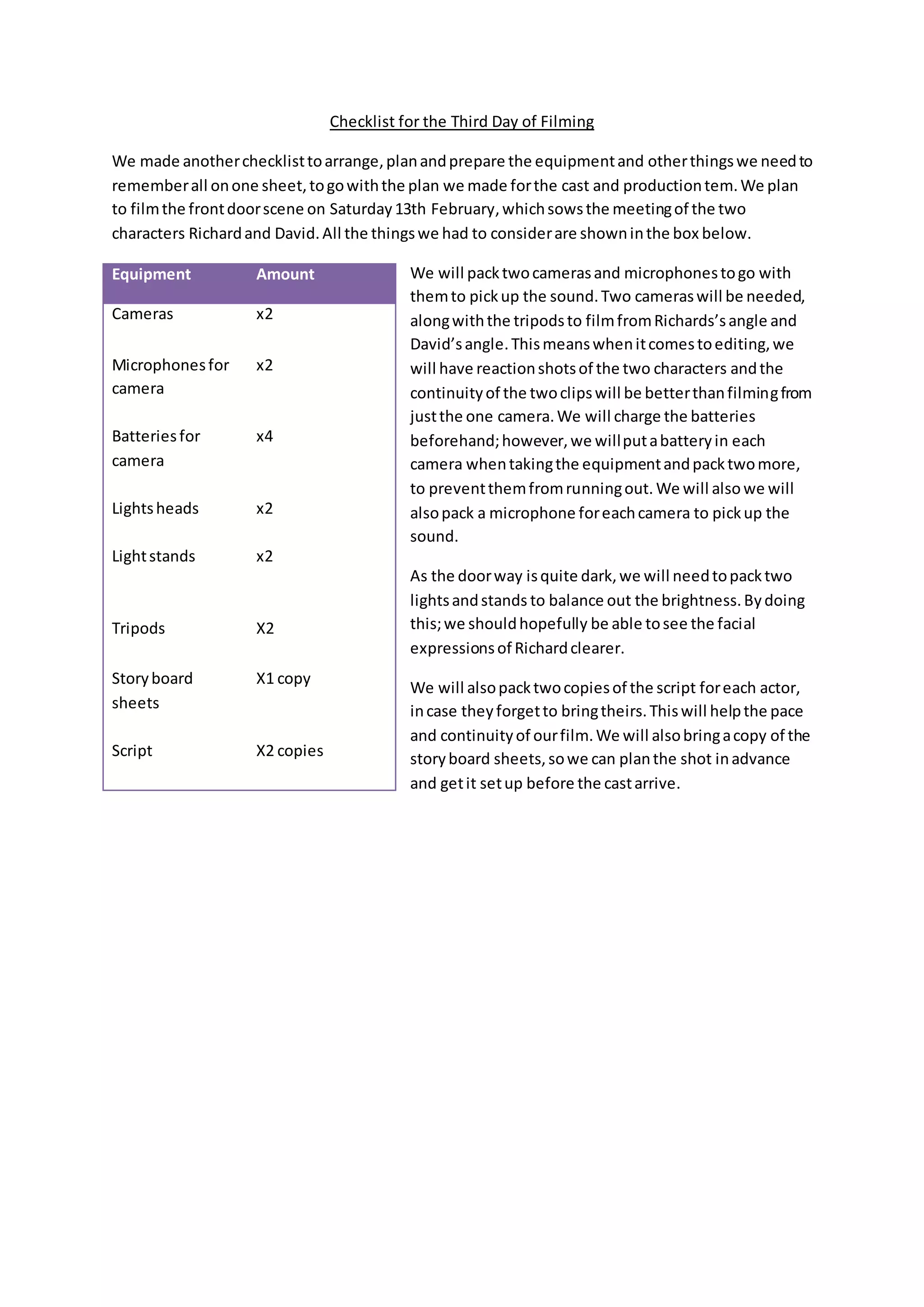 Filming Checklist - Day 3 | PDF