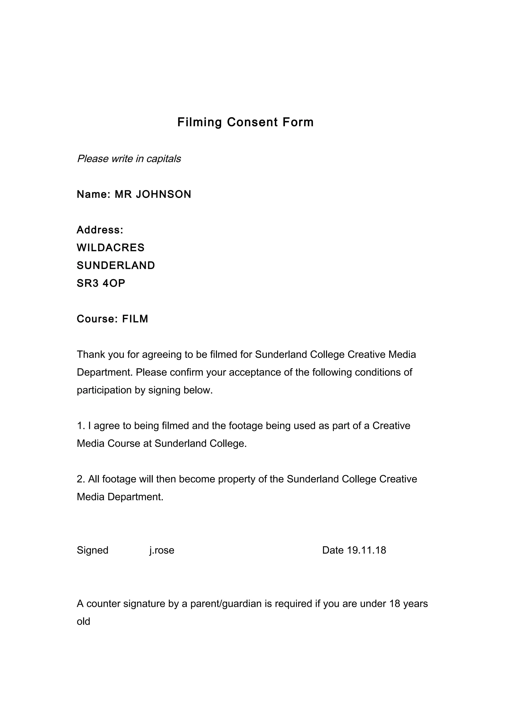 Filming consent form version | DOC | Parenting | Family and Relationships