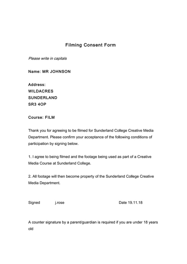 Filming consent form version | DOC | Parenting | Family and Relationships
