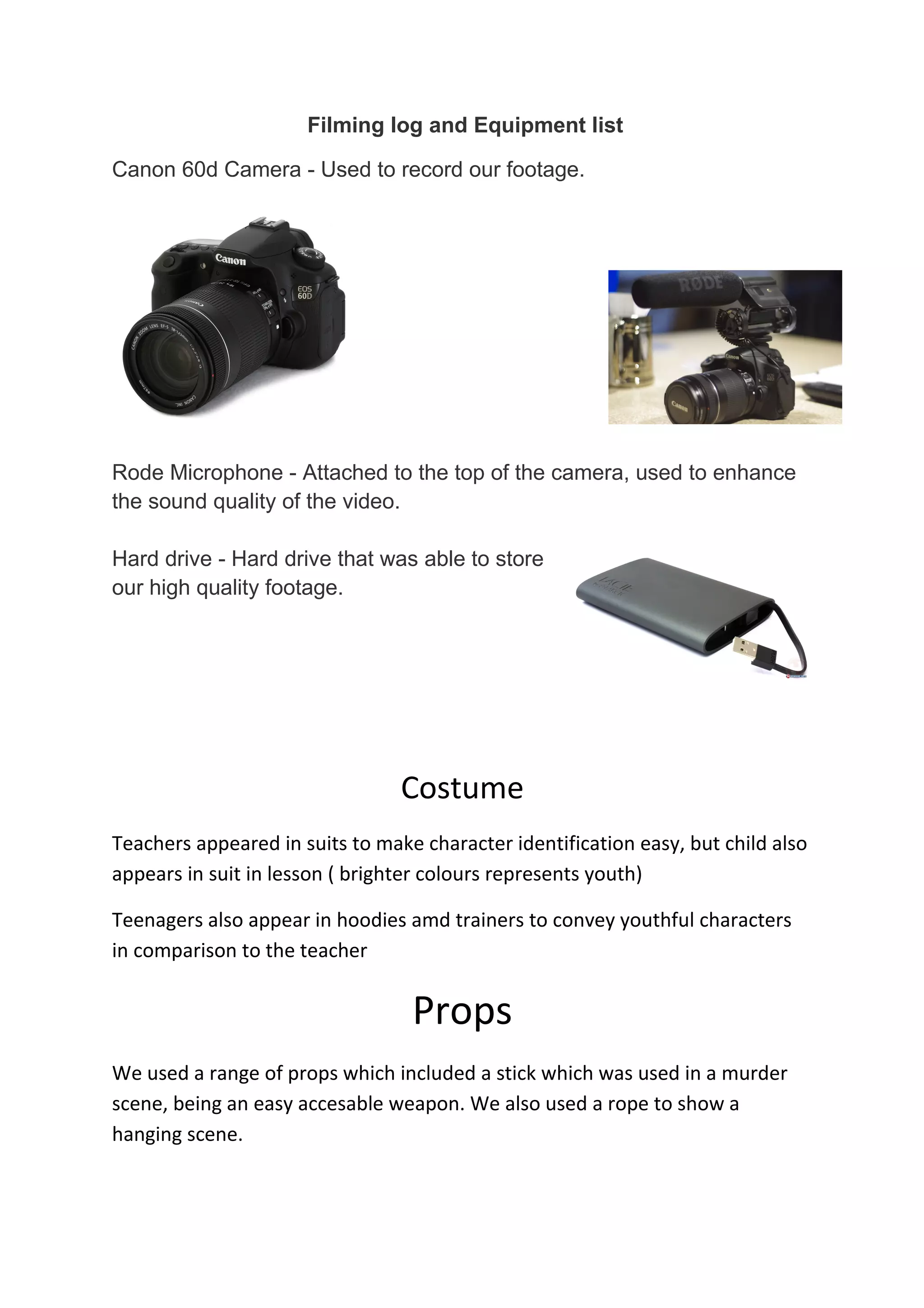 Filming log and equipment list | DOC