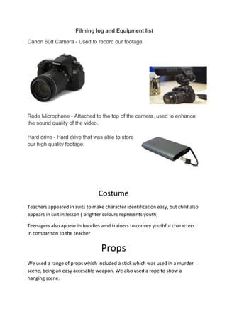 Filming log and equipment list | DOC