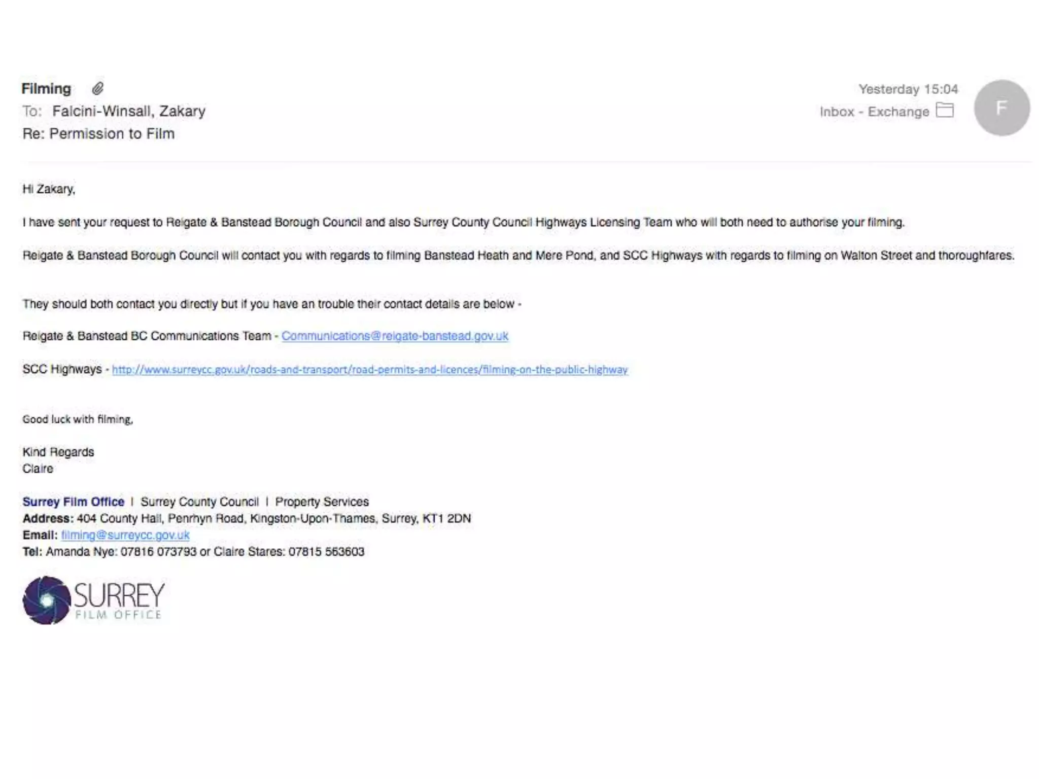 Filming permission email evidence | PPTX