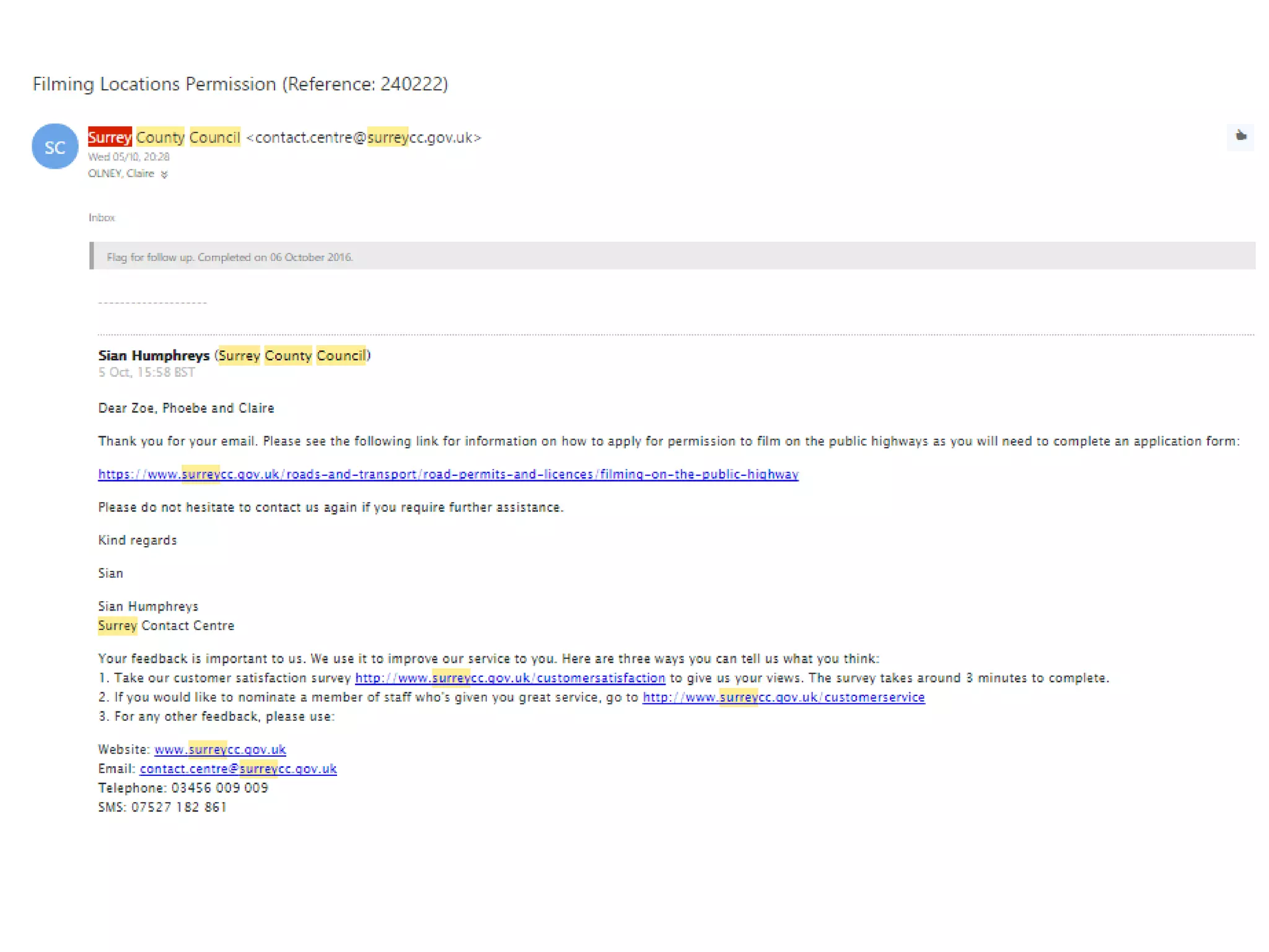 Zoe Hickson - 1033 - Filming permission – Email evidence | PPTX