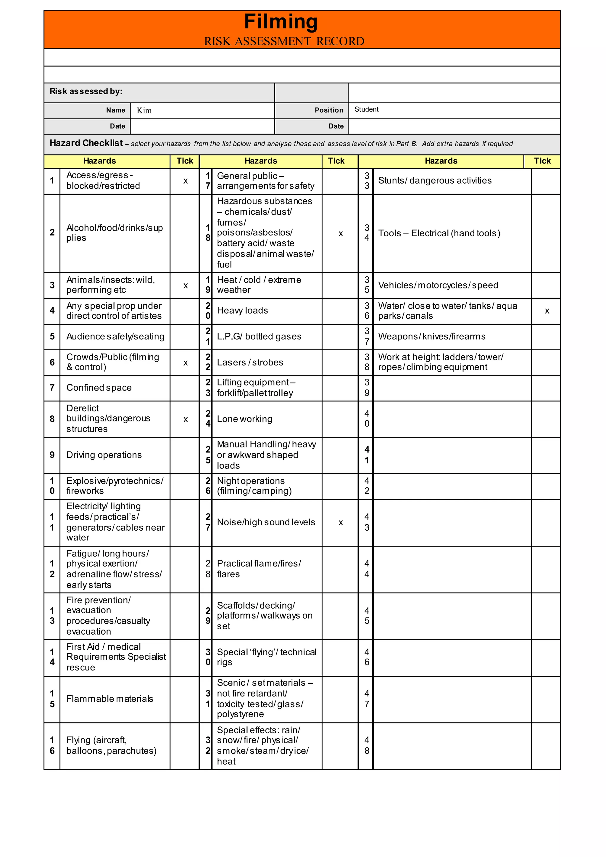 Filming Risk Assessment | DOCX