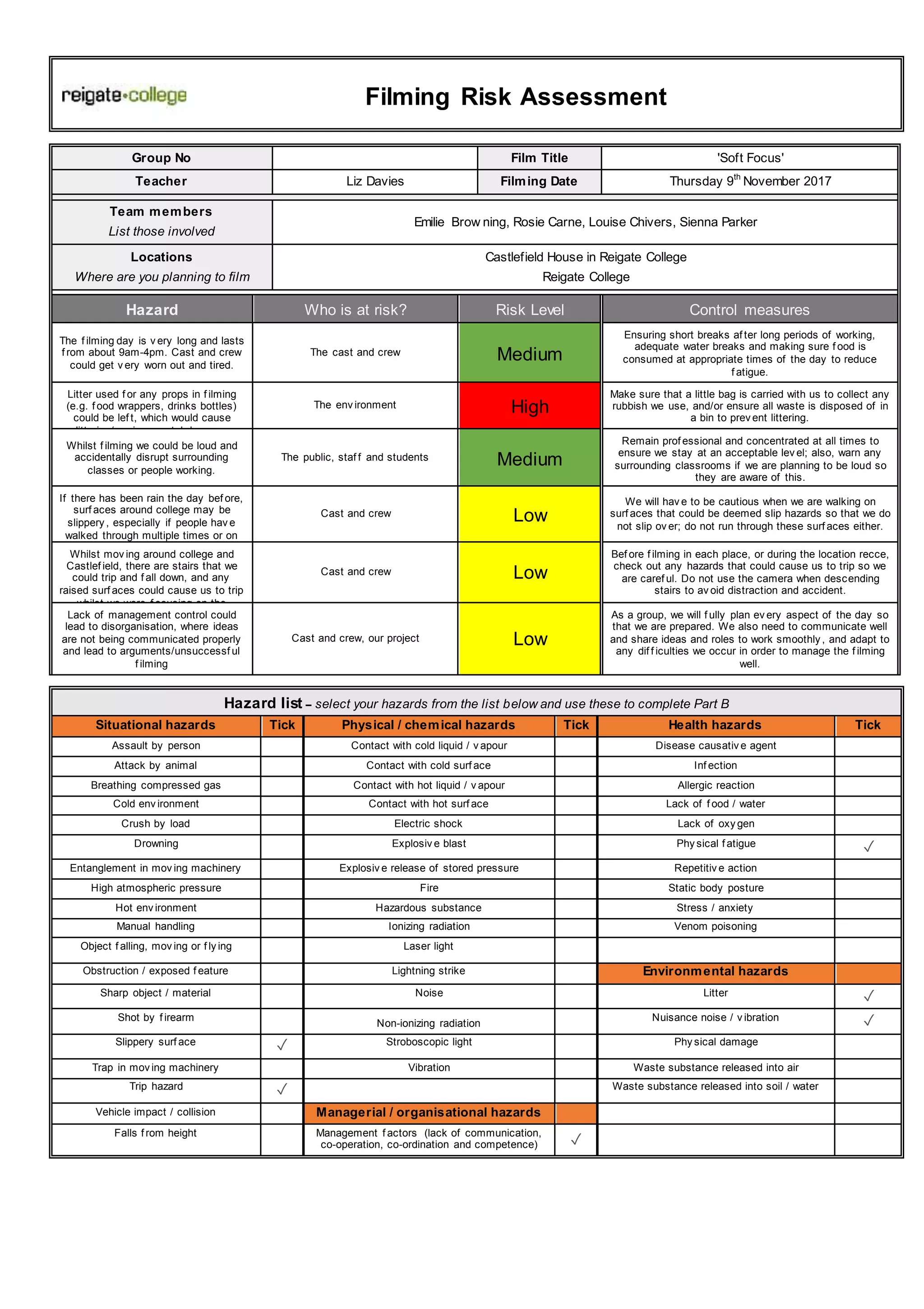 Filming risk assessment | DOCX