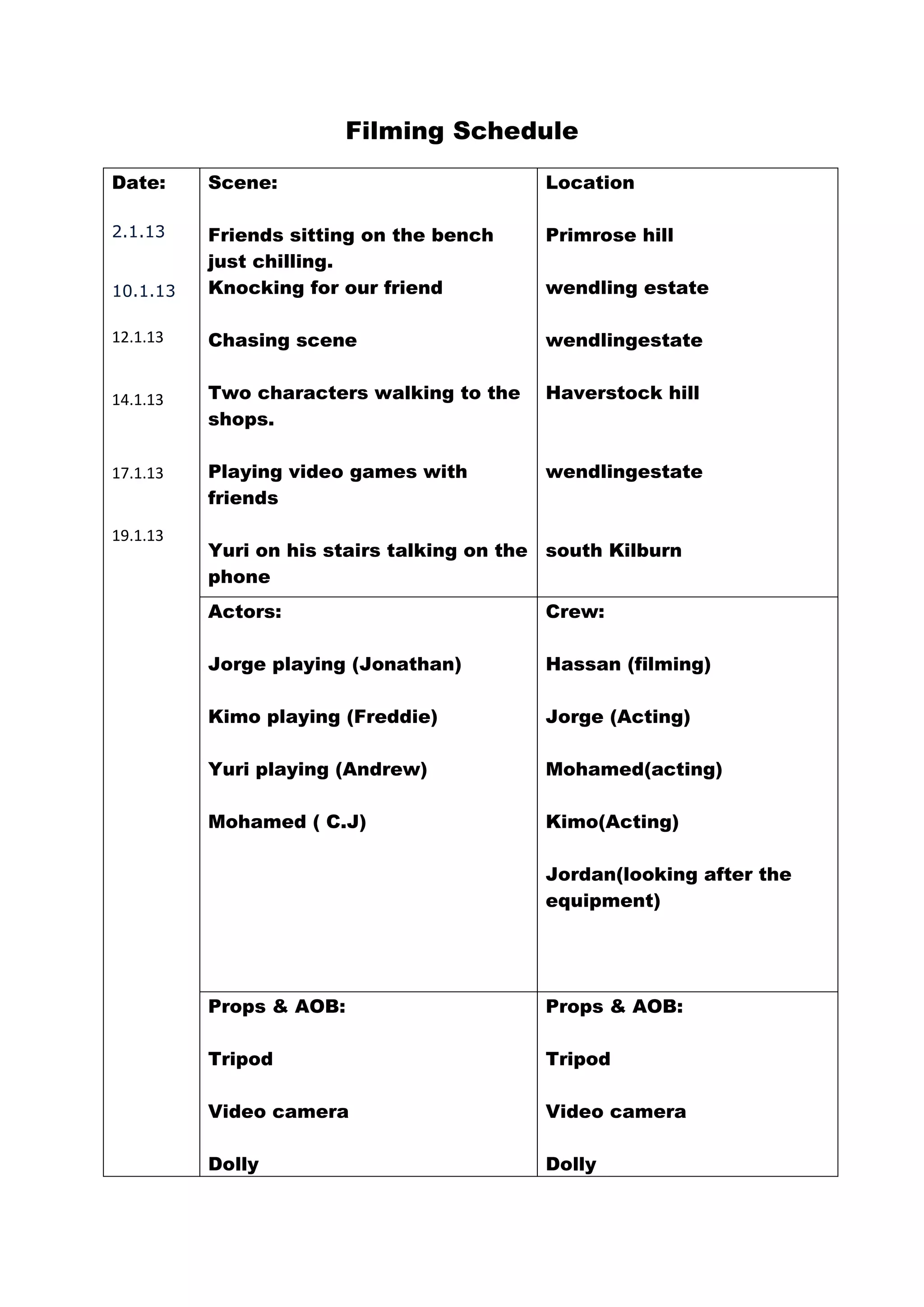 Filming schedule | DOCX