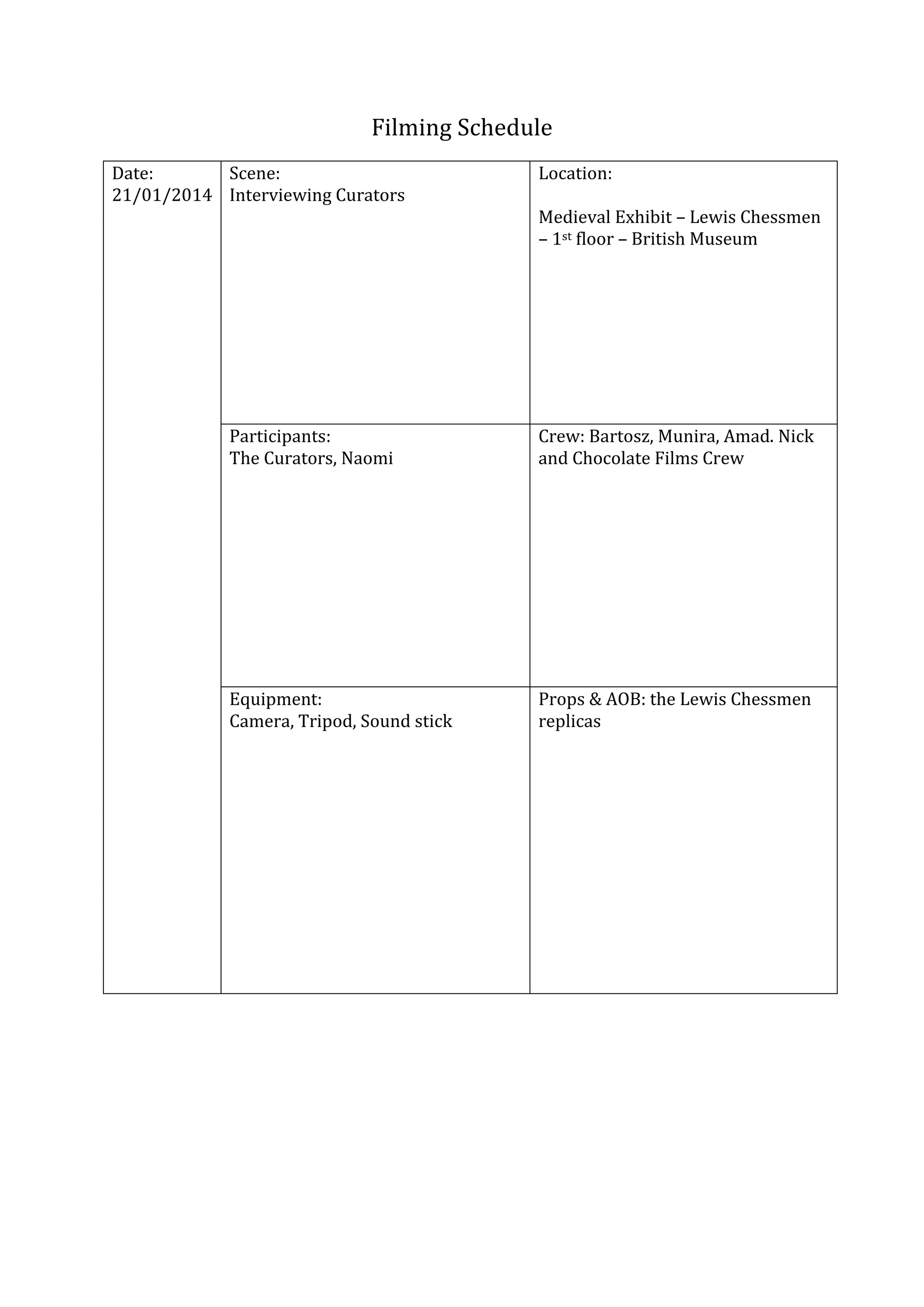 Filming schedule bart | DOCX