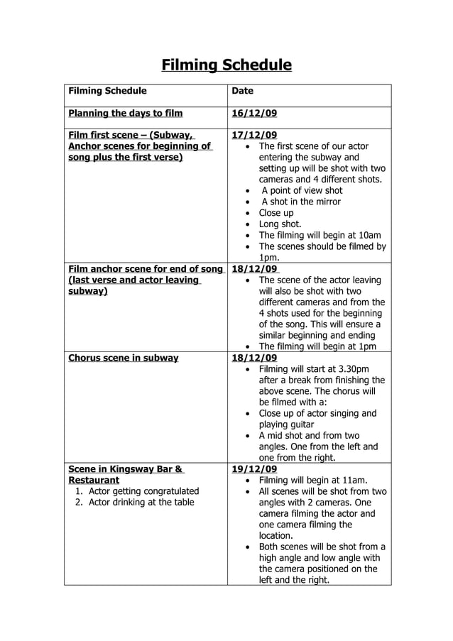 Filming Schedule & Editing Schedule 4 D Productions | PDF