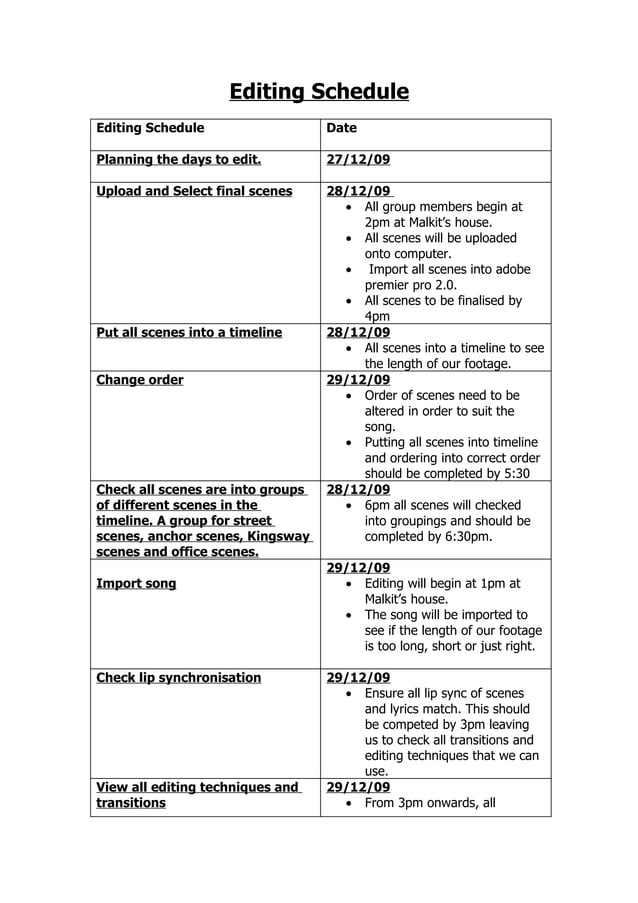 Filming Schedule & Editing Schedule 4 D Productions | PDF