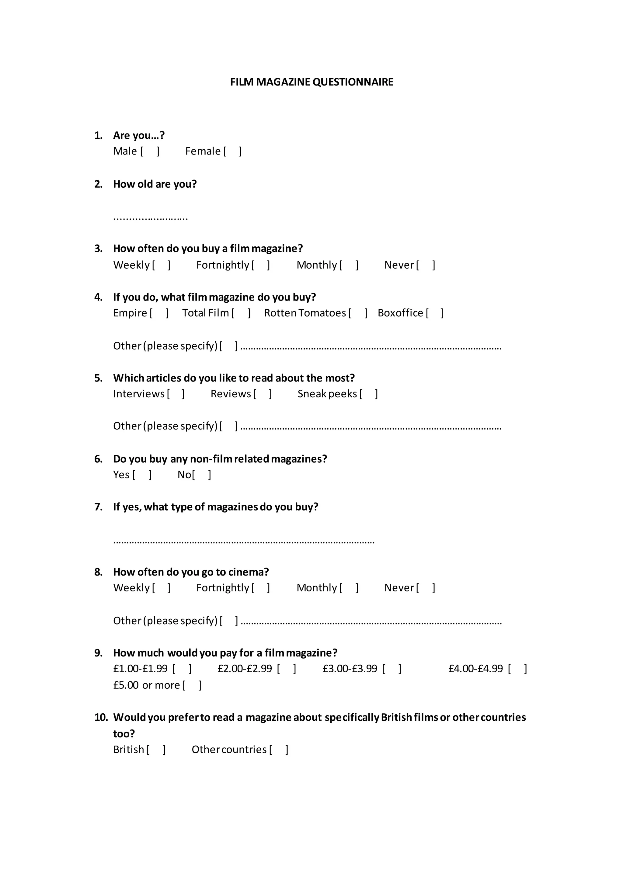 Film Magazine Questionnaire | DOCX