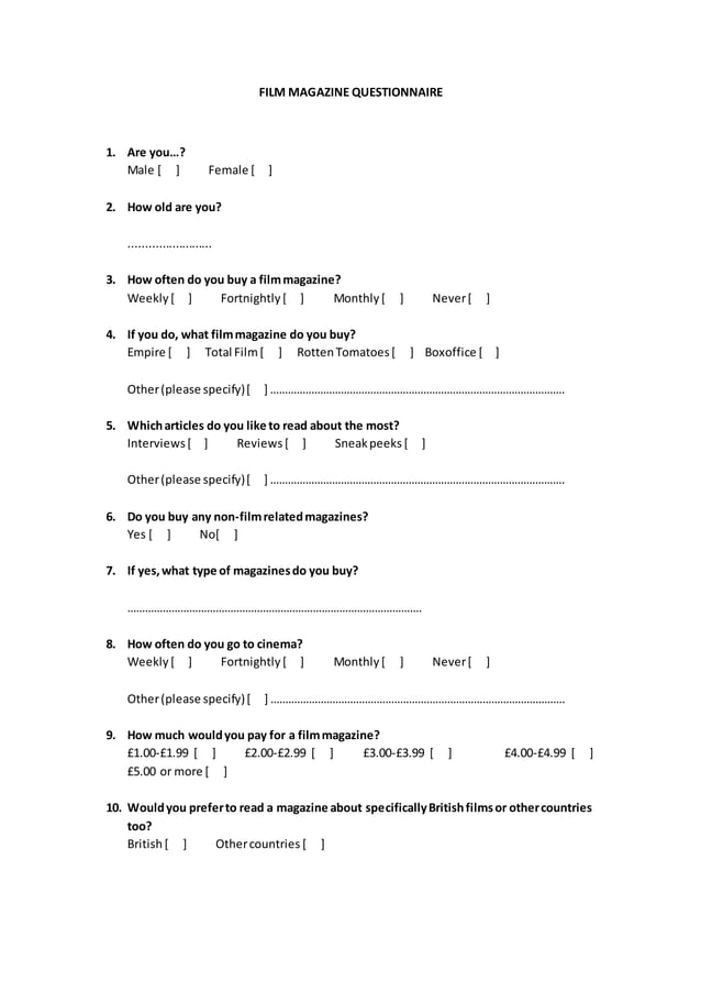 Film Magazine Questionnaire | DOCX