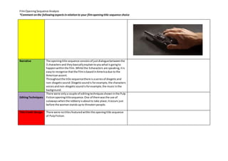 Film Opening Sequence Analysis Report Sheet Pulp Fiction | DOCX