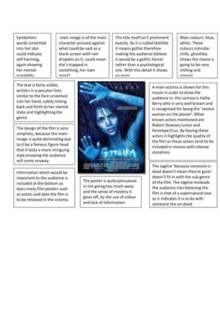 Film Poster Analysis Gothika | DOCX | Movies | Entertainment