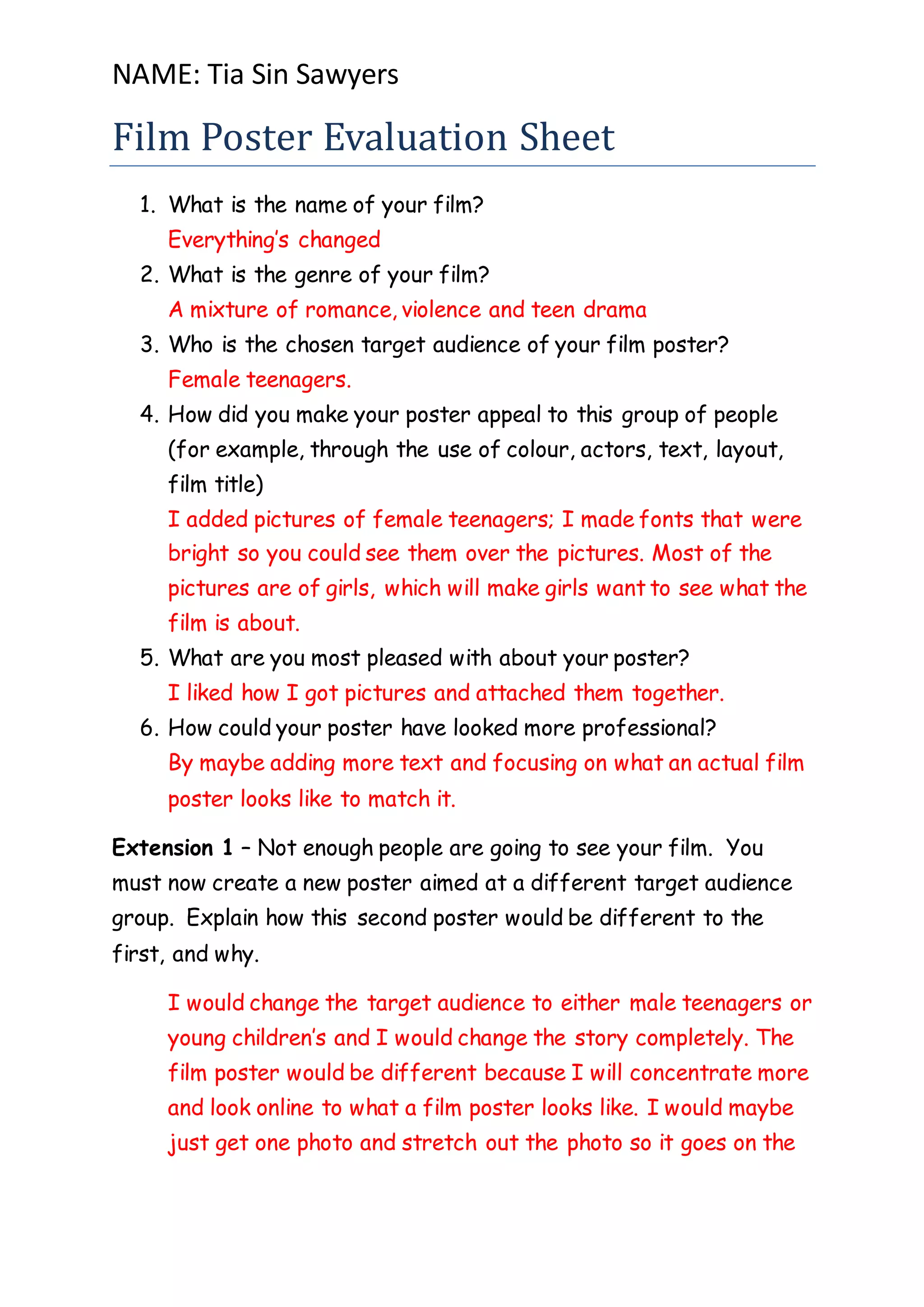 Film Poster Evaluation Sheet | DOCX