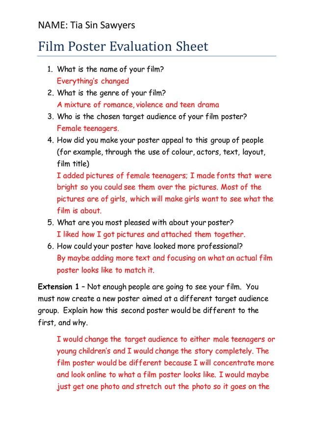Film Poster Evaluation Sheet | PDF