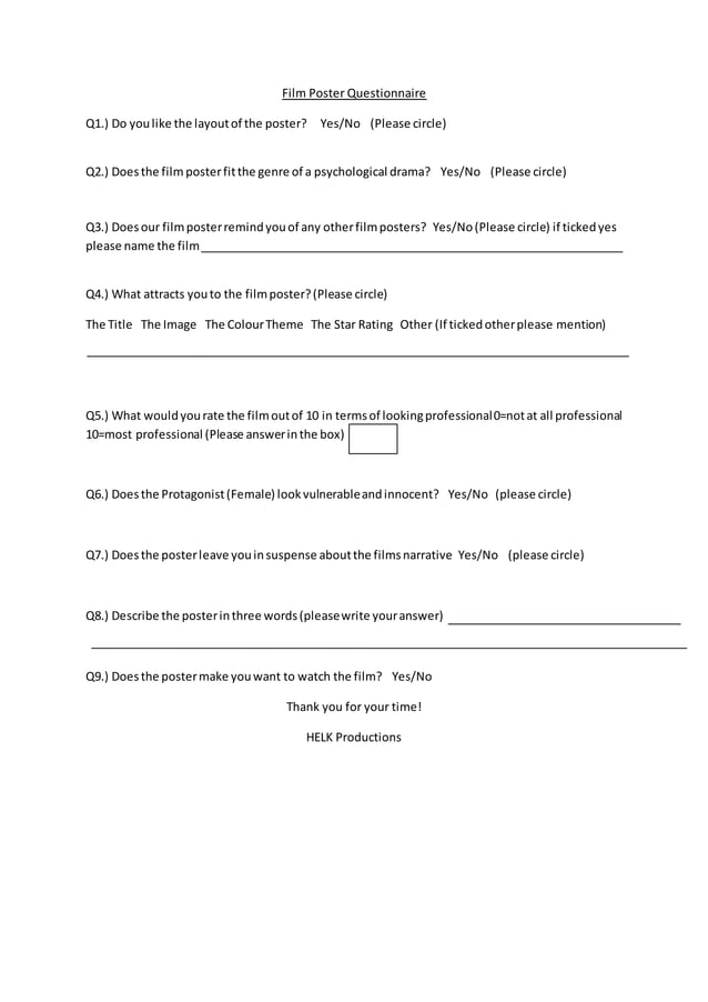 Film Poster Questionnaire | DOCX | Resume Writing and Advice | Job Search