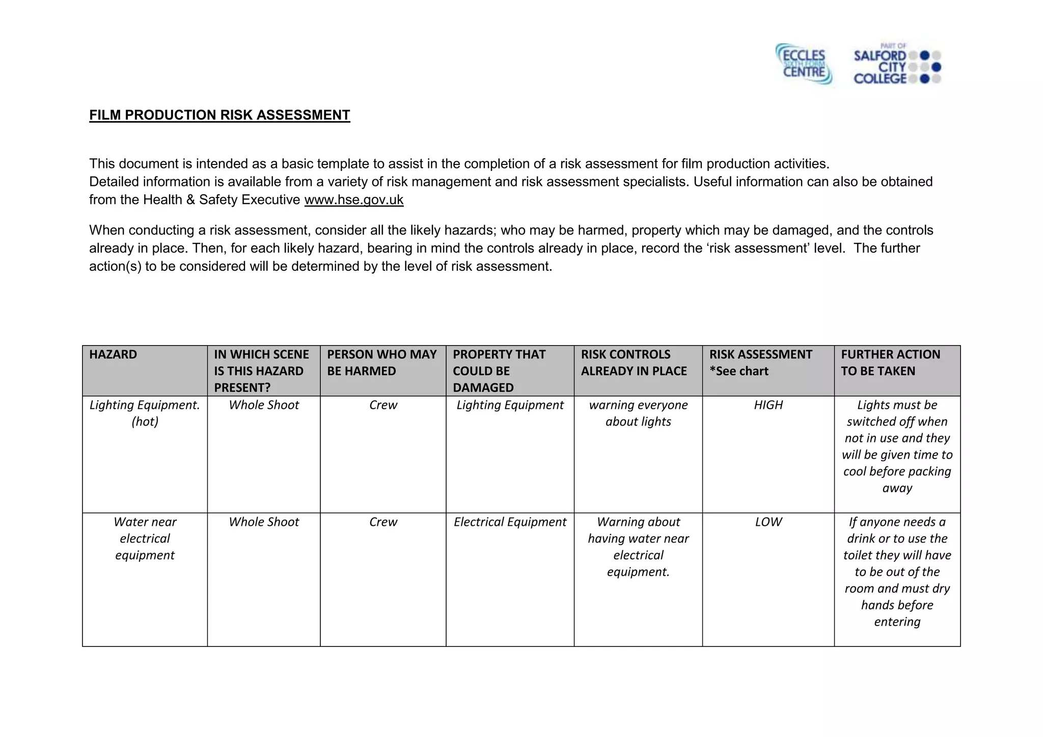 Film Production Risk Assessment | DOCX
