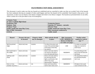 Film production risk assessment | DOC | Video Production | Content Production