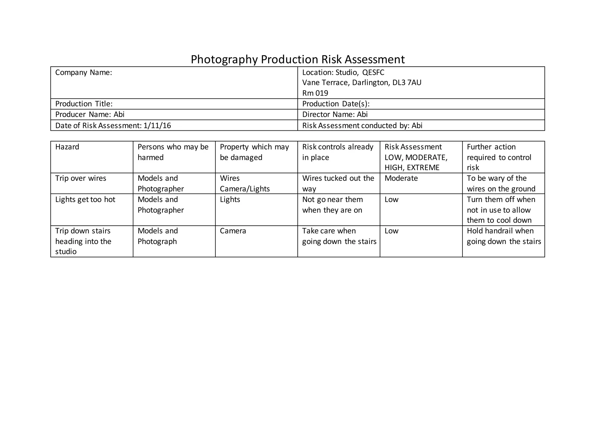 Photography production risk assessment | DOCX